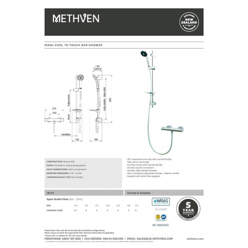 tap-in - Methven Maku Cool Touch Bar Shower + Shower Rail Kit | Tap-in.com